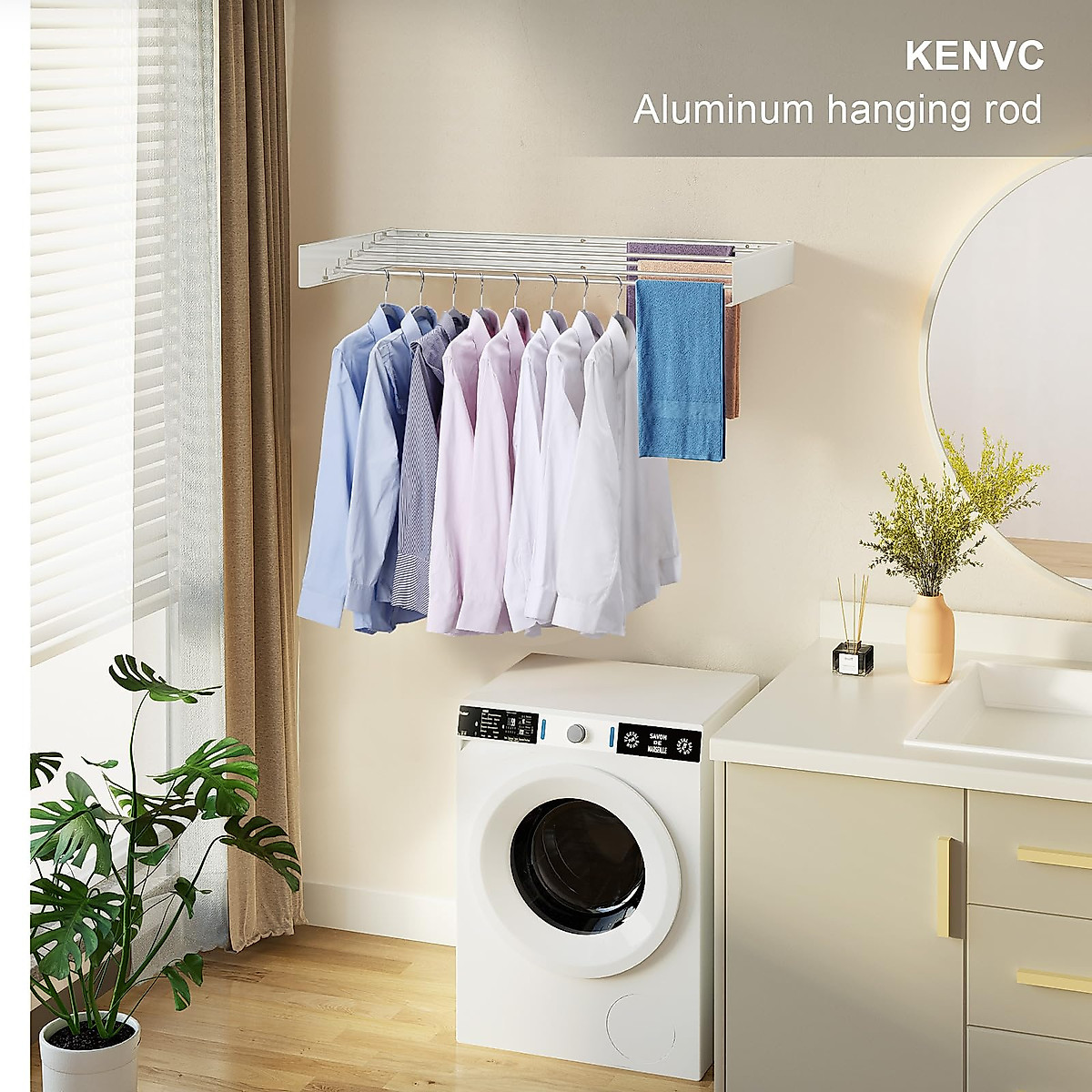 kenvc Wall Mounted Drying Rack, 31.5 "Wide, 13.2 Linear Ft, 5 Aluminum Rods, 40 lb Capacity, Space Saver Laundry Drying Rack Collapsible (Silvery Pole 31.5" Medium)