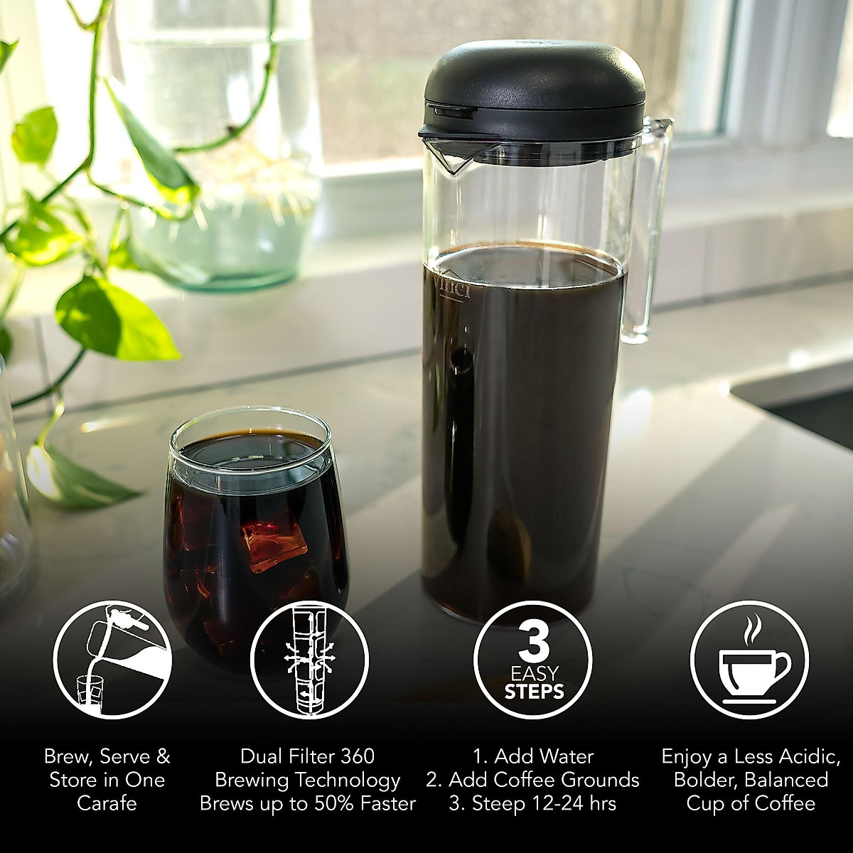 VINCI Cold Brew 360, 1.4L Cold Brew Coffee Maker Featuring Patented Dual Filter 360 Brewing Technology, Cold Brew Pitcher for Iced Coffee