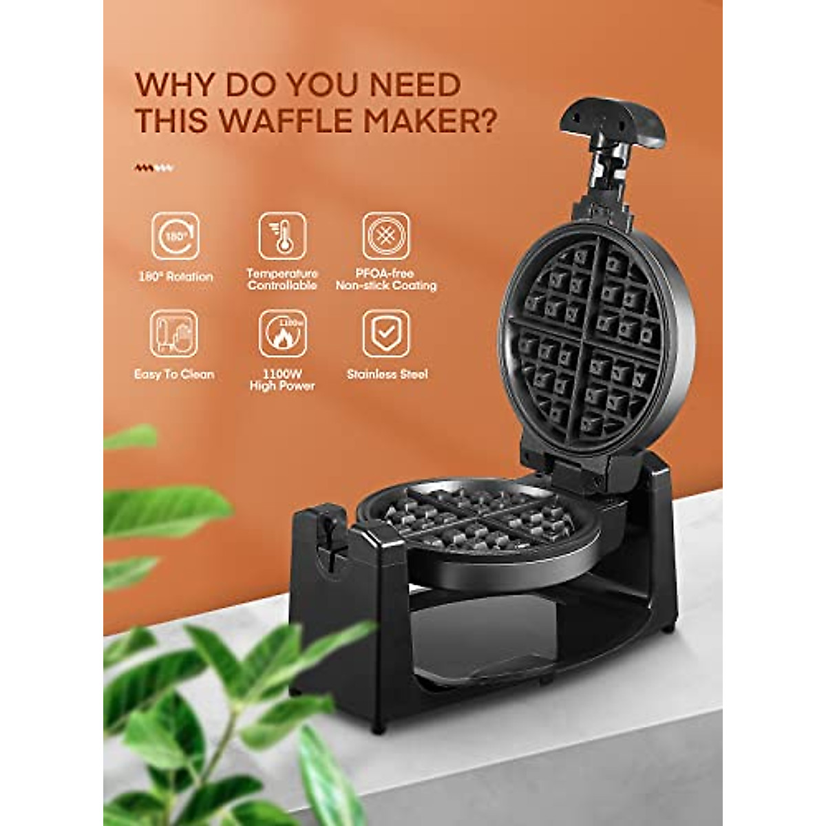 Waffle Maker 1100W, 180° Flip Belgian Waffle Iron with Nonstick Plates, Classic 1" Deep Waffles, Included Recipe, Removable Drip Tray, Browning Control, Stainless Steel