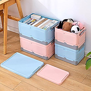 Durable Plastic Folding Storage Box Organizer with Lids, Folding Plastic Stackable, Containers for Home & Garage Organization (Pink)