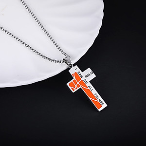 Susook Basketball Cross Necklace for Men Bible Verse I CAN DO All Things Stainless Steel Sport Pendant for Men(Silver)