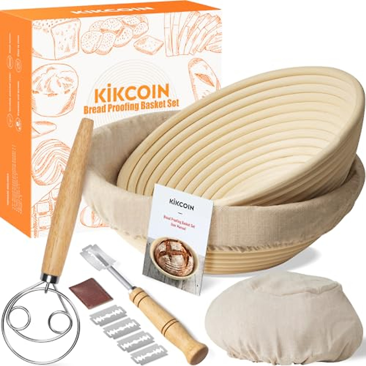 Bread Proofing Basket, Kikcoin Banneton Bread Proofing Basket Set of 2, 9 Inch & 10 Inch Round Sourdough Proofing Basket with Linen Liner, Bread Lame