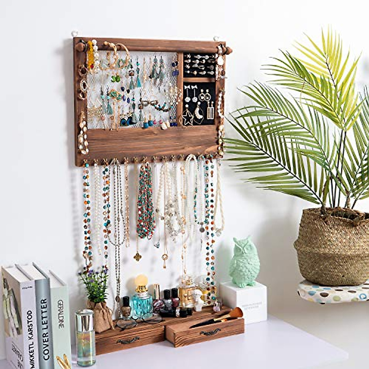 Dhmkfly Jewelry Wall Organizer Wall Mounted Jewelry Organizer Jewelry Hanger Display Rack Earring with Drawers, for Earring Stud Ring Necklace Bracelets Accessories Bangles Holder Girls Gift (brown)