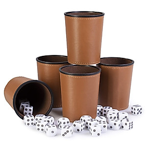 5 Leather Dice Cups and 25 Bullseye Dice by Bullseye Game Night | Classic Dice for Farkle, Liar's Dice, Bunco | Brown