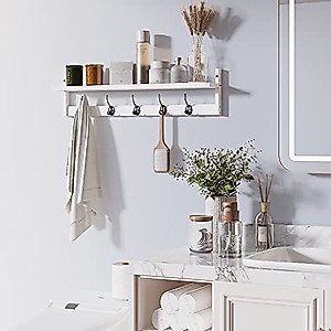 BAMEOS Wall Hooks with Shelf Entryway Wall Hanging Shelf Wood Coat Hooks for Wall with Shelf Wall-Mounted Coat Hook Rack with 5 Dual Hooks for Bathroom, Living Room, Bedroom (White-with Shelf)
