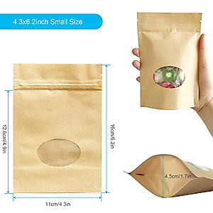 Kraft Stand Up bags with Window - SumDirect 50Pcs 4.3x 6.2 inches Brown Food Storage Bags, Reusable Sealing Stand Up Pouches Zipper Lock for Storing