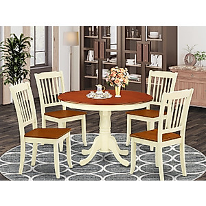 East West Furniture HLDA5-BMK-W 5 Piece Modern Dining Table Set Includes a Round Wooden Table with Pedestal and 4 Dining Room Chairs, 42x42 Inch, Buttermilk & Cherry