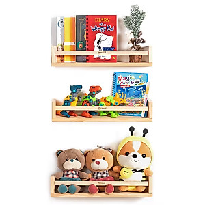 Nexzon Set of 3 Nursery Book Shelves with Booklet and Pen | 16.6" Kids Wall Bookshelves | Baby Nursery Shelves for Bedroom, Bathroom, Kitchen and Toy Storage (Pine Wood)