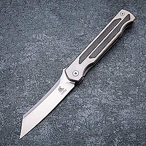 KATSU Camping Pocket Folding Japanese Knife, Titanium & Carbon Fiber Handle, Frame Lock, Stonewashed Cleaver Razor Blade, Leather Sheath