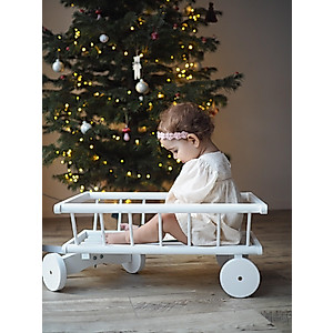 Premium Wooden Wagon MIKUS - Safe and Beautiful | Ideal for Weddings and Flower Girls | Color: White Fluff| Wheels: Rubber