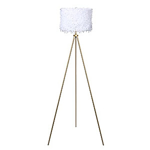 Modern Tripod Floor Lamp for Bedroom, Living Room, Gold Floor Lamps with White Cloth Fabric Shade, Faux Feather Tassels Finish