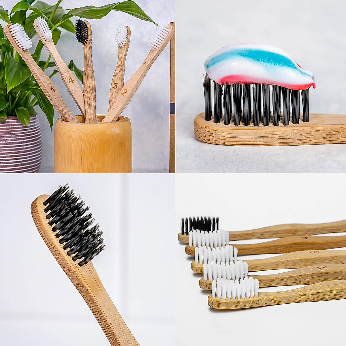 Bamboo Toothbrushes Medium Bristles 5-Pack – 4 White Wooden Toothbrushes, 1 Black Charcoal Toothbrush – Biodegradable Natural Eco Friendly
