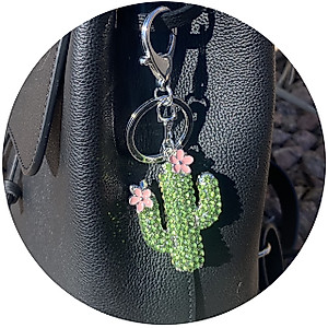 Sonoran Souvenirs Saguaro Cactus Green Rhinestone with Pink Flower Bling Bag Charm Southwest Key Chain Gifts Crystal Purse Charm Accessory for Outdoorsy Women
