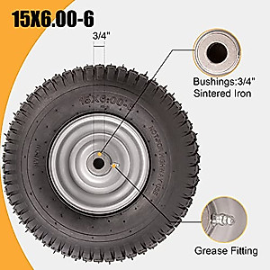 15x6.00-6 lawn mower tires,4 Ply Tubeless Front Tire Assembly Replacement for Craftsman Mower,570lbs Capacity,3"offset hub,3/4"Bushing, for More Lawn &Garden Riding Mower (2 Pack)