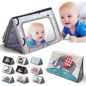 Baby Mirror Toys for Tummy Time,Newborn,Infant 0-3-4-6-12 Months Old Gift,Boy/Girl Brain Developmental Montessori Sensory Crinkle Black and White Book.Essential Activity Safe Mirror for Floor,Crib,Car
