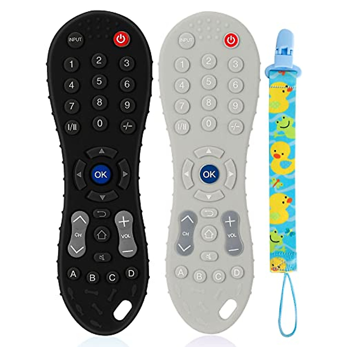 Teething Toys for Babies 6-12 Months-2 Pack Silicone TV Remote Control Shape Baby Hand Teethers for 12 to 18 Months -Infant Chew Toys with Anti-Drop Pacifier Clip-Safety Tested (Black & Grey)