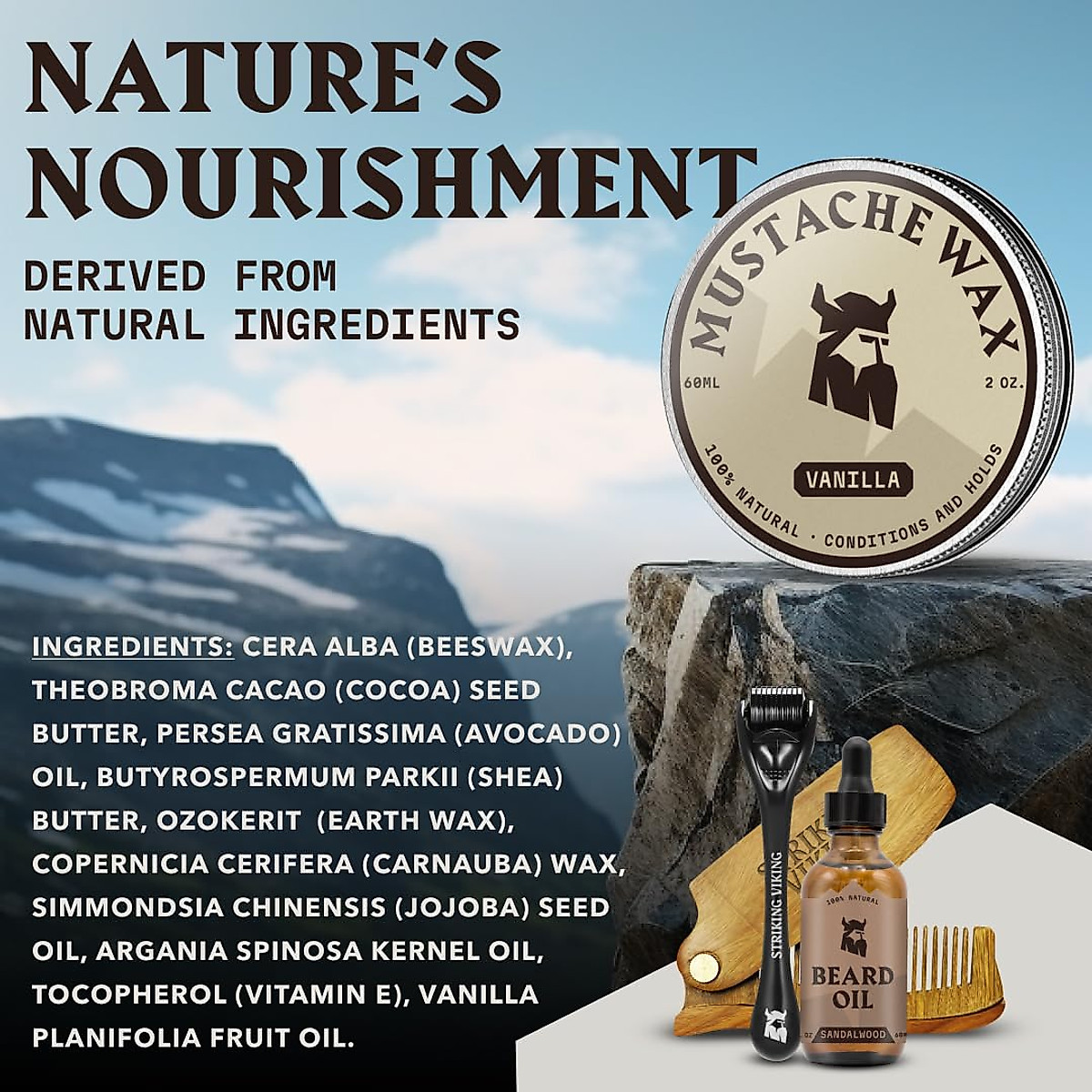 Striking Viking Mustache Wax & Comb Kit - Beard Care for Men with Strong Hold Beeswax- Helps Tame, Style & Groom - Vanilla Scent, 2 Ounce Size - Mens Mustache Grooming Wax