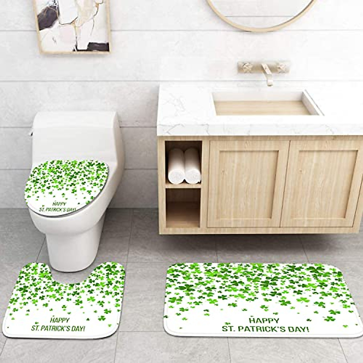 ArtSocket 4 Pcs Shower Curtain Set Happy Saint Patrick Day Green Four Leaf Shamrock Clover with Non-Slip Rugs Toilet Lid Cover and Bath Mat Bathroom Decor Set 72 x 72 inch