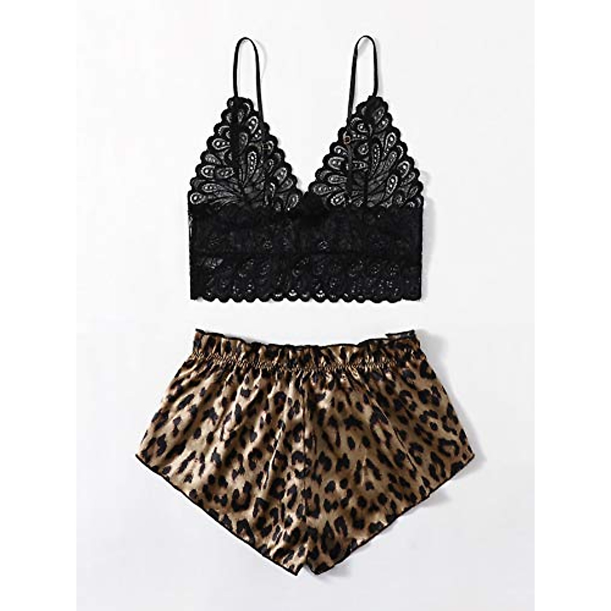 SOLY HUX Women's Sexy 2 Piece Lingerie Set Lace Cami and Silk Satin Leopard Print Pajama Set Comfy Sleepwear Khaki and Black M