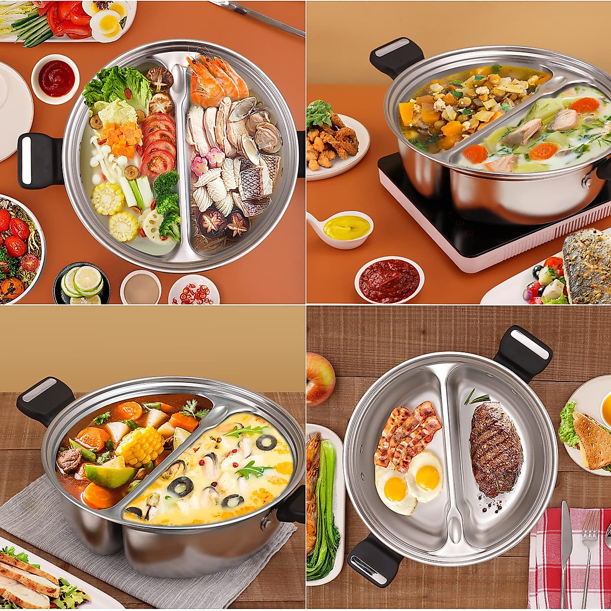 Shabu Shabu Pot, Yuanyang Pot, Weldless Pot with Steam Grill, 304 Stainless Steel Pot with Divider, Cookware with 2 Soup Ladles, 11.8 inch, 4.6 Quart, Not for Sale in China