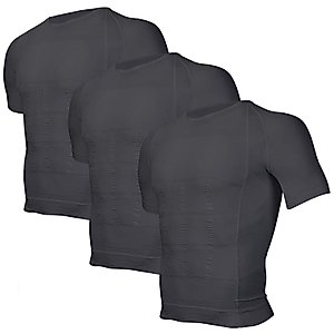 Odoland 3 Pack Men's Body Shaper Slimming Shirt Tummy Vest Thermal Compression Base Layer Slim Muscle Short Sleeve Shapewear, Grey/Grey/Grey, XL