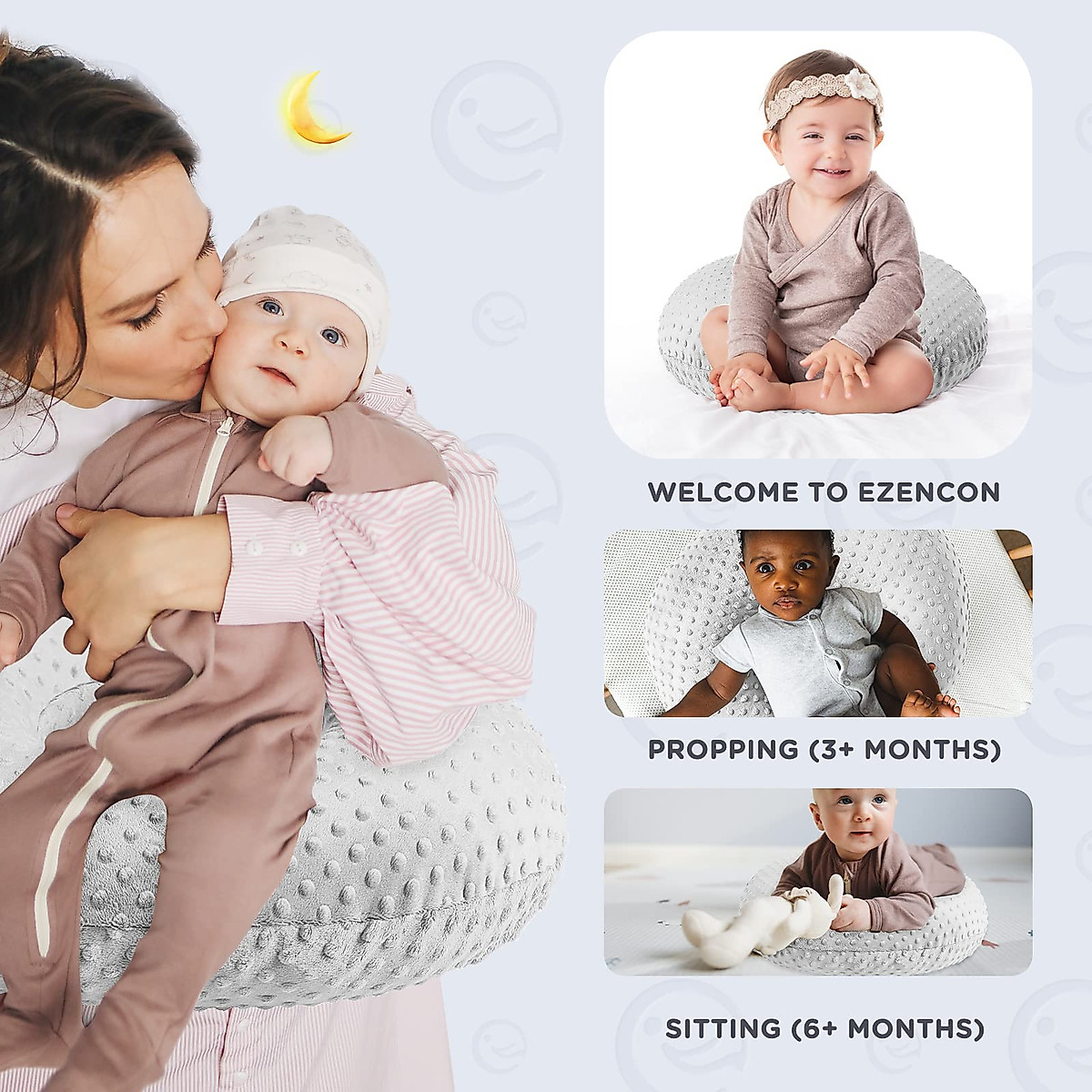 Ezencon Nursing Pillow and Positioner, Breastfeeding and Bottlefeeding Pillow, Breast Feeding Pillow with Removable and Washable Pillow Cover(Gray-Dot)