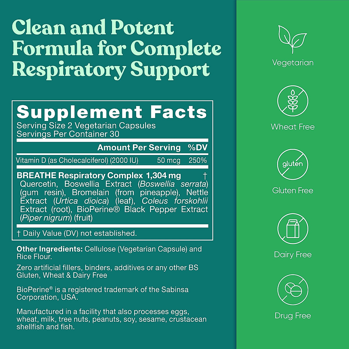 Breathe Inhaler Support Supplement – Sinus, Lungs, Open & Clear Airways – Seasonal Nasal Health, Bronchial Wellness, Healthy Chest – Quercetin, Vitamin D, Bromelain Pills – 60 Vegetarian Soft Capsules