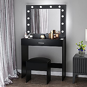 JOYSOURCE Large Vanity Set with 12 Lights Bulbs, Desk Black Makeup Table with Cushioned Stool for Women, Girls, Bedroom