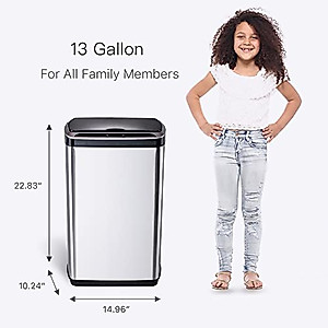 SANIWISE Automatic Touchless Kitchen Trash Can 13 Gallon, Large Stainless Steel Kitchen Trash Can Garbage Can 50 Liter with Motion Sensor and Lid Batteries Required (Excluded)