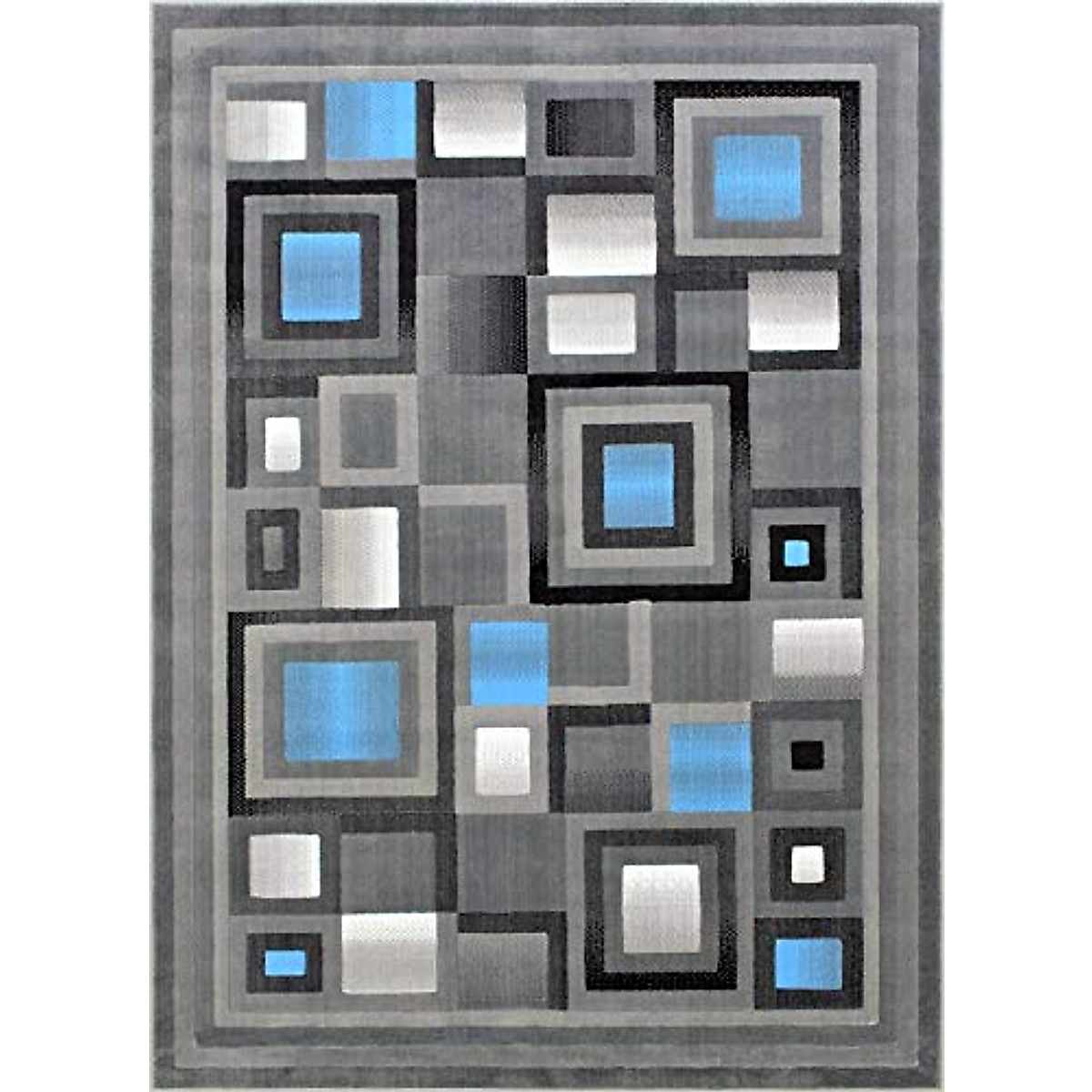 HR Abstract Blue/Silver/Gray Geometric Modern Squares Pattern 5x7 Area Rug (5'2" x 7'2")
