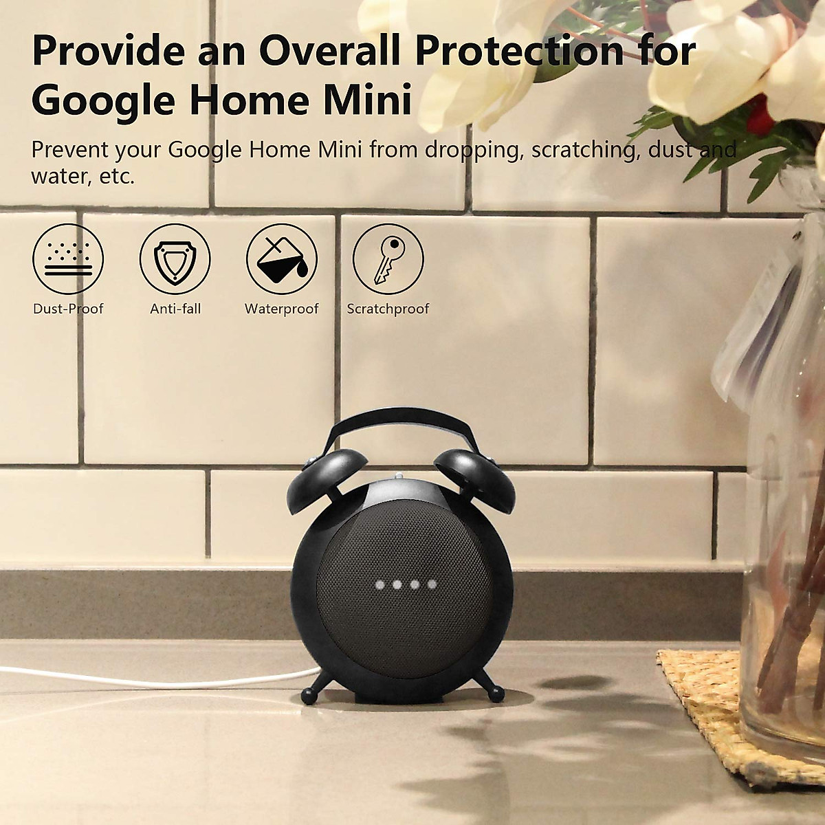 Google Home Mini Stand Holder, Retro Alarm Clock Stand Mount Base Protective Case Compatible with Google Home Mini and Nest Mini(Black)