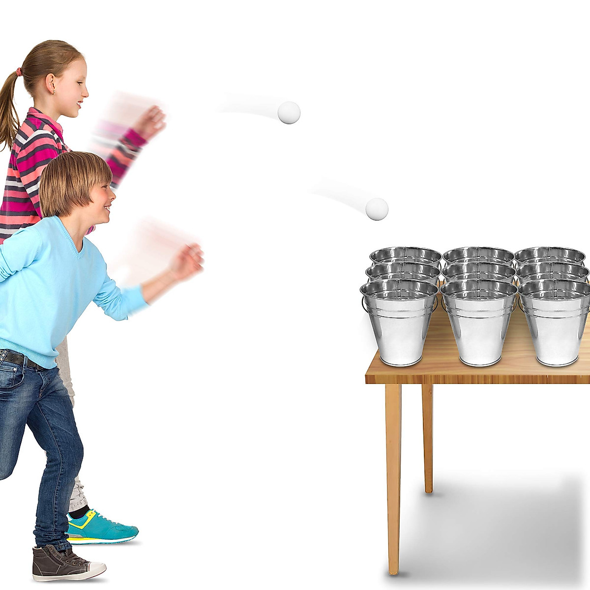 Gamie Bucket Ping Pong Ball Game Includes 9 Metal Buckets, 12 Balls, and 1 Number Sticker Sheet - Fun Party Activity for Kids and Adults, Great Idea for Kids