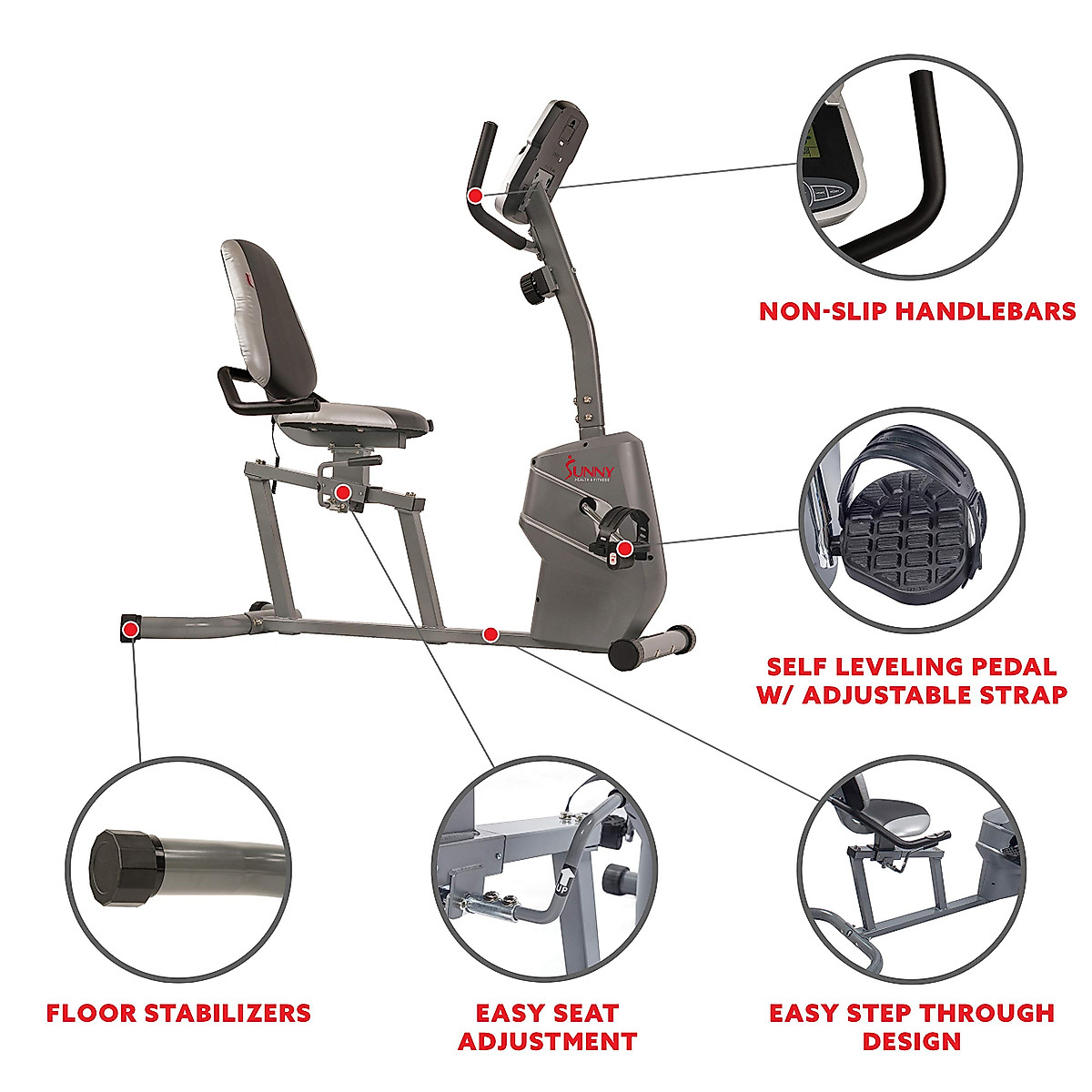 Sunny Health & Fitness Magnetic Recumbent Exercise Bike with Easy Adjustable Seat, Device Holder, RPM and Pulse Rate Monitoring | SF-RB4806, Grey