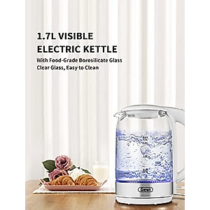 Electric Kettle, Gevi 1.7L Glass Tea Kettle - Water Boiler with LED Light Glass Kettle Electric (BPA Free) with Auto Shut-off & Boil-dry Protection - 1500W Cordless Electric Kettle, White