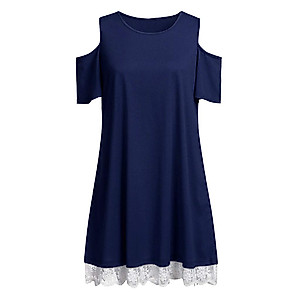 F_Gotal Women's Short Sleeve Pockets Loose Crew Neck T-Shirt Swing Lace Dress Mini Fashion Beach Sundress Party Cocktail Z-Blue