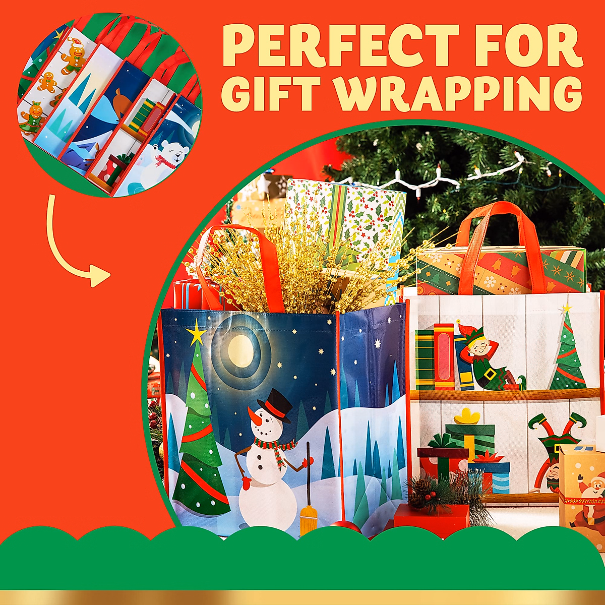 JOYIN 12 PCS 13.75" x 14" Christmas Large Tote Bags Holiday Reusable Grocery Bags for Classroom Party Favor Supplies