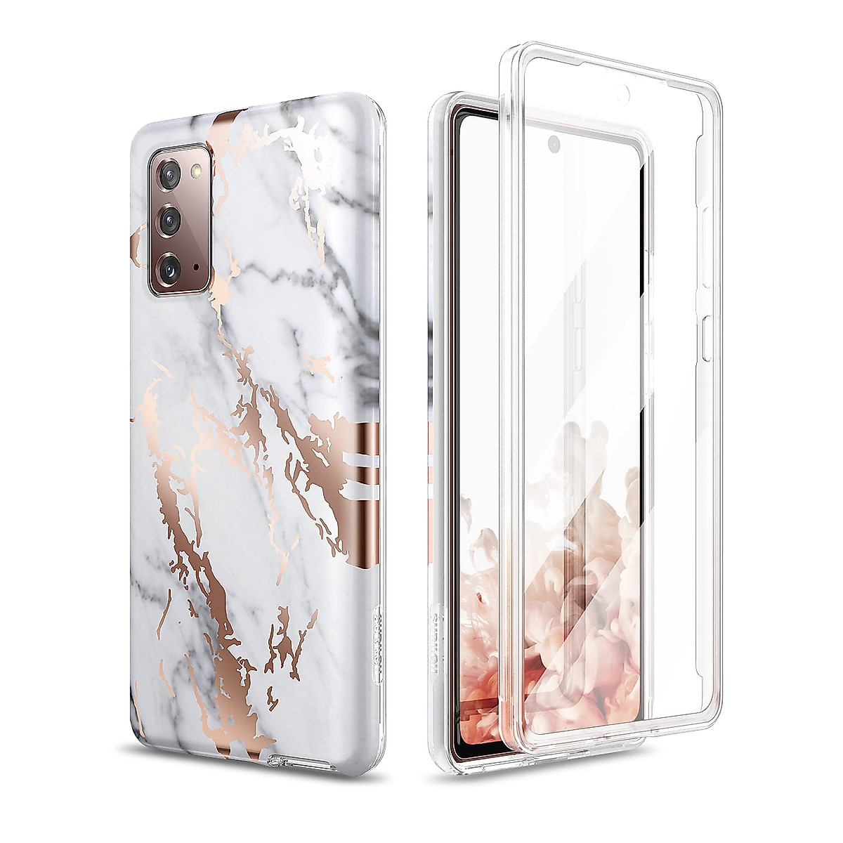 SURITCH Phone Case for Samsung Galaxy Note 20 Case, Front Cover with Built-in Screen Protector Full-Body Protection Shockproof TPU Bumper Protective Case for Man Women Cute, White Marble