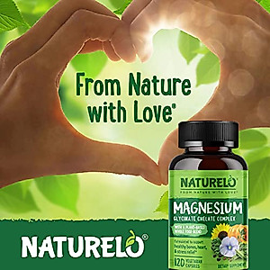 NATURELO Magnesium Glycinate Chelate Complex - 200 mg Magnesium with Organic Vegetables to Support Sleep, Calm, Muscle Cramp & Stress Relief – Gluten Free, Non GMO - 120 Capsules