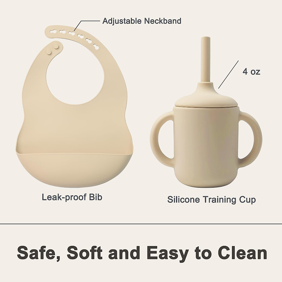 LITTLE RAWR Silicone Baby Feeding Set 14 Pcs,Baby Led Weaning Supplies, Baby Spoons Suction Bowl Divided Plate Bib Cup Finger Brush,First Stage Solid Food Eating Utensils - 6+ Months(Beige)