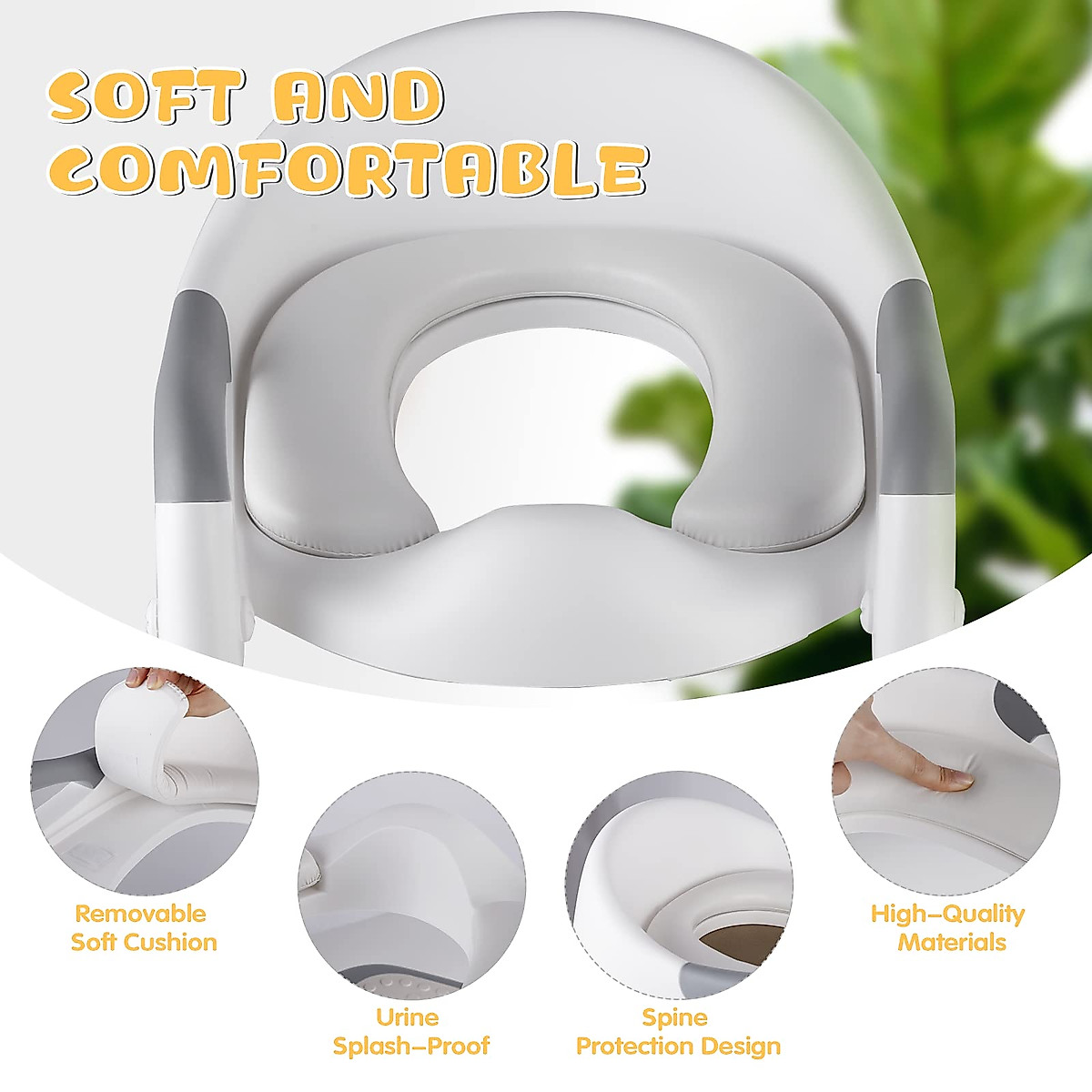 TEMFAU Potty Training Seat with Anti-Slip Step Ladder, Foldable Toilet Seat with Splash Guard & Soft Cushion for Toddler Kids, Height Adjustable Potty Training Toilet for Boys Girls, Grey