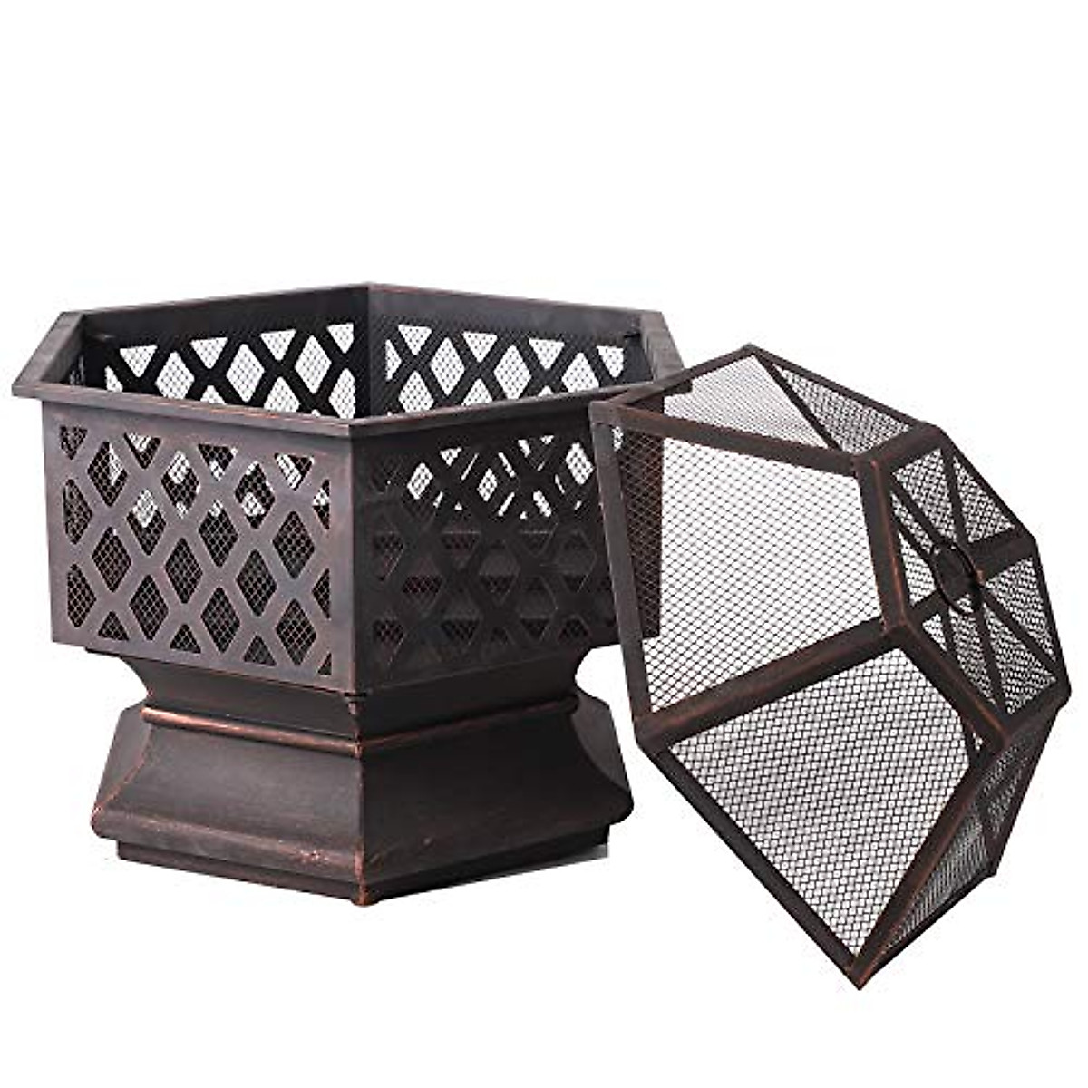 OKIDA Hex-Shaped Fire Pit Iron Brazier Wood Burning Coal Pit Bonfire Firebowl Stove Outdoor Metal Fireplace with Mesh Screen Cover Poker for Patio Backyard Garden Beach Camping Picnic 24in Bronze