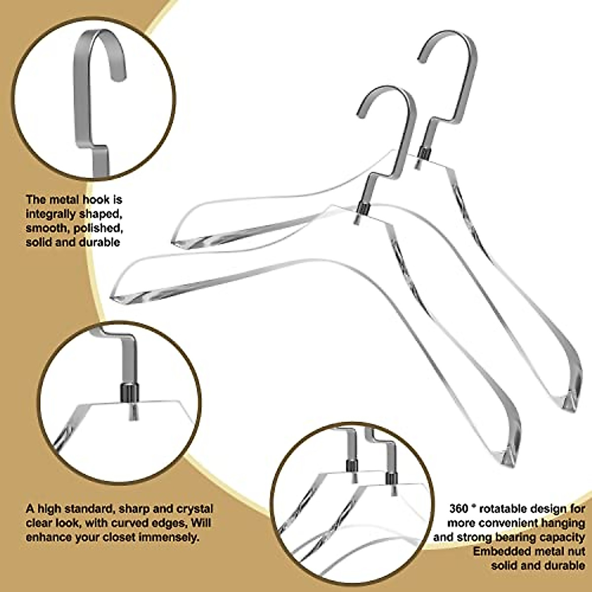 Quality Clear Lucite Acrylic Heavy Duty Coat Suit Hangers – 2 Pack, Curved Stylish Clothes Hanger with Wide Matte Silver Hooks - Coat Hanger for Dress, Suit - Closet Organizer Adult Hangers