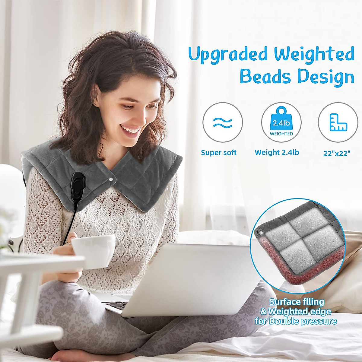 Weighted Heating Pad for Neck and Shoulders- 2.4lb Electric Neck Heating Pads for Neck Cramps Pain Relief, Heat Pads with 6 Heating Levels, 4 Auto-Off, Gifts for Women Men Mom Dad, 22"x22"