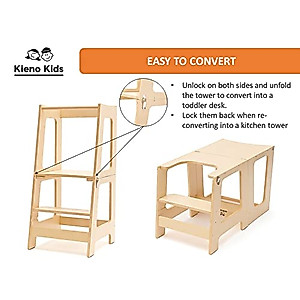 Learning Toddler Desk & Toddler Tower - Foldable 2 in 1 Kitchen Stool & Desk for Toddlers. Convenient Toddler Standing Tower, Converts Into a Toddler Table / Desk for Toddler (Natural Wood)