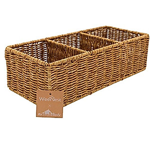 myHomeBody Wicker Basket With 3 Compartments | Woven Baskets for Organizing | Storage Basket, Toilet Tank Basket | Bathroom Counter Organizer, Bedroom Organization | Tan, 1pc