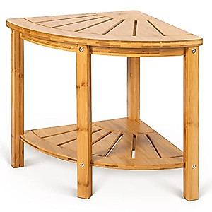 OasisCraft Bamboo Corner Shower Chair Waterproof, Shower Stool for Shaving Legs, 2-Tier Corner Stand Shelf, Storage Organizer for Small Space for Bathroom & Bedroom (Free Soap Dish Included)