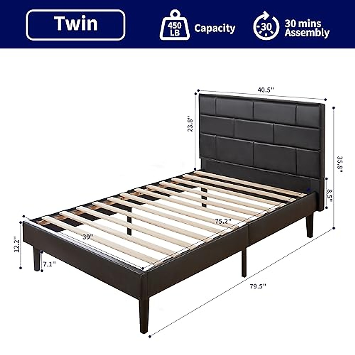 subrtex Bed Frame Twin Size with Headboard,Upholstered Faux Leather Mattress Foundation Platform with Solid Wood Slat Support,No Box Spring Needed,Noise-Free,and Easy Assembly Black