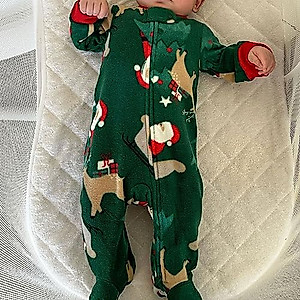 Mialoley Infant Baby Christmas Jumpsuit Long Sleeve V Neck Zipper Front Romper Bowknot Headband Spring Fall Winter Casual (Green, 6-9 Months)