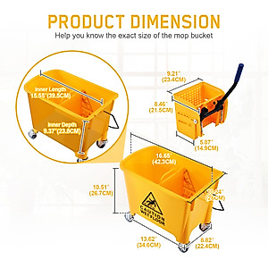 Ridgeyard Side Press Mop Bucket with Wringer and 4 Non-Marking Swivel Casters 20L Capacity for Home Use 41x26.5x40cm (Yellow)