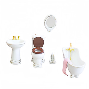 SUCCUNA Dollhouse Accessories Bathroom Set 1 12 Scale Dollhouse Furniture Miniatures Toys Mini Ceramic Toilet Washbasin Mirror Bathtub with 3 Towels for Dollhouse Restroom Decoration
